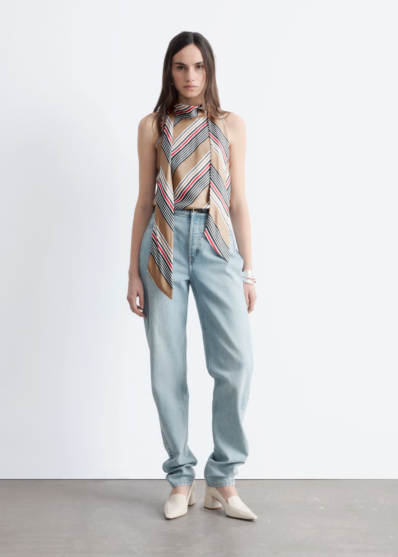 Kendős nyakú selyem felső - Bézs/csíkos - NŐI | H&M HU